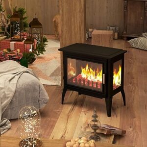 24" Electric Fireplace Heater, Freestanding Fireplace Stove, Realistic LED Flames, Adjustable Brightness, Overheating Safe Protection, Black