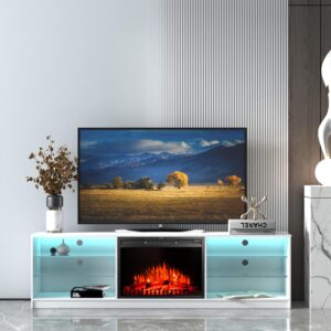 fireplace tv stand with 27" electric fireplace, modern led light entertainment center and media console with 6 storage cabinets for living room,with highlight storage cabinet for tvs up to 80" (white)