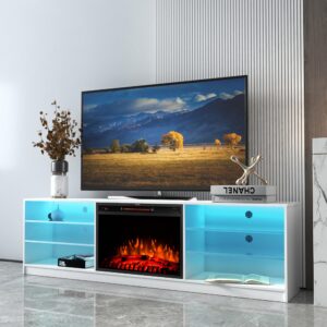 Fireplace TV Stand with 27" Electric Fireplace, Modern LED Light Entertainment Center and Media Console with 6 Storage Cabinets for Living Room,with Highlight Storage Cabinet for TVs Up to 80" (White)