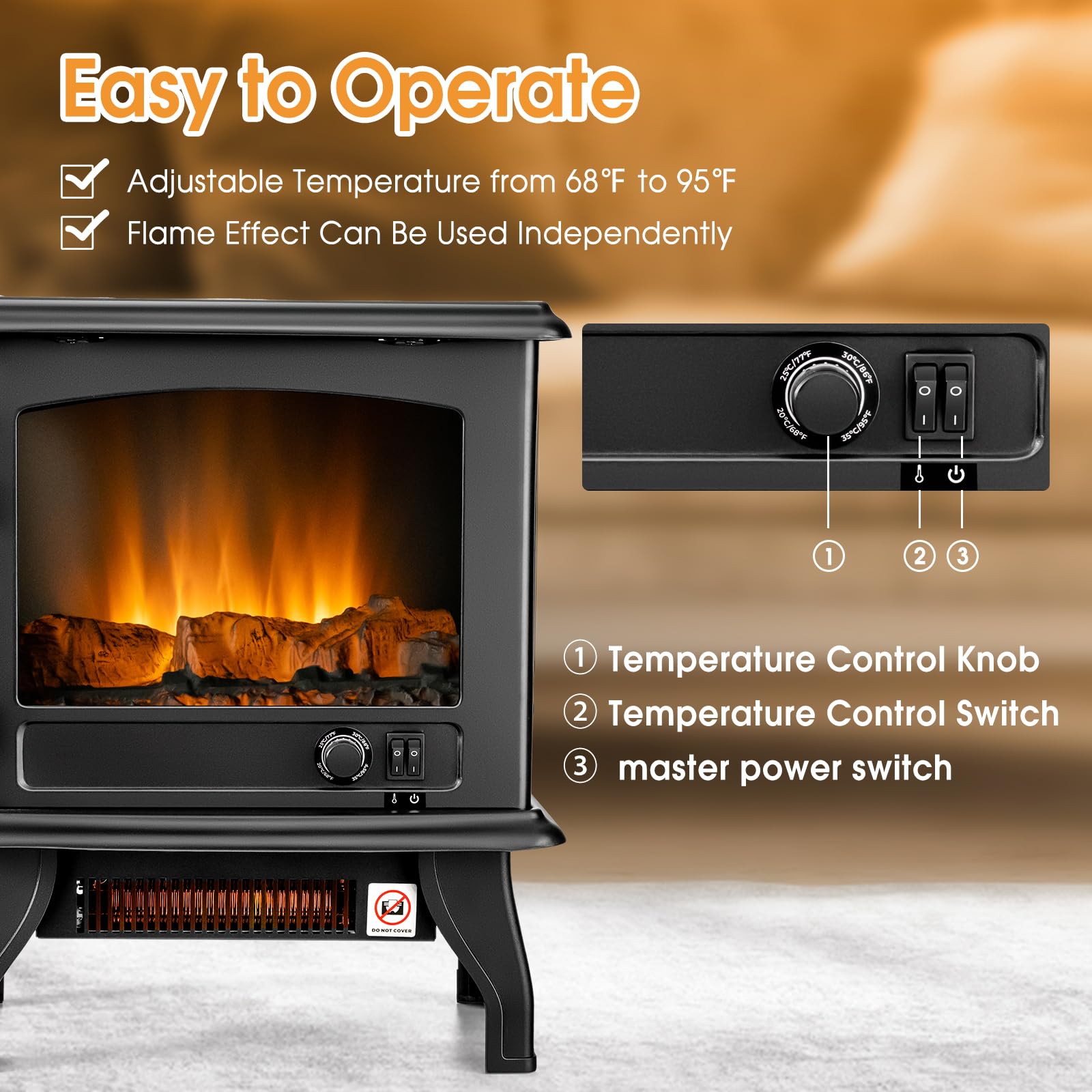 ORALNER Electric Fireplace Heater 20-Inch, Freestanding Fireplace Stove with Realistic 3D Flame Effect, Overheat Protection, Portable Fireplace for Living Room，Bedroom, 1400W, Black