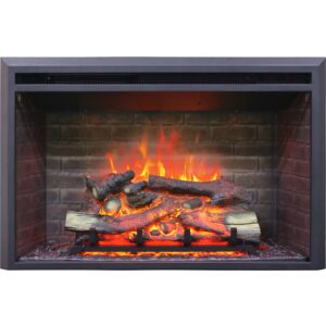 richflame gavin electric fireplace insert with log speaker, designed for stud, wood burning opening, cabinet & wood mantel, remote control, 750/1500w, black, 33 5/64 inches wide, 21 inches high