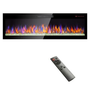 electric fireplace 60 inch, ultra thin wall mounted fireplace with 16 colors flame & emberbeds, wall fireplace electric with led light heater and double safety protection device, black (60 inch)