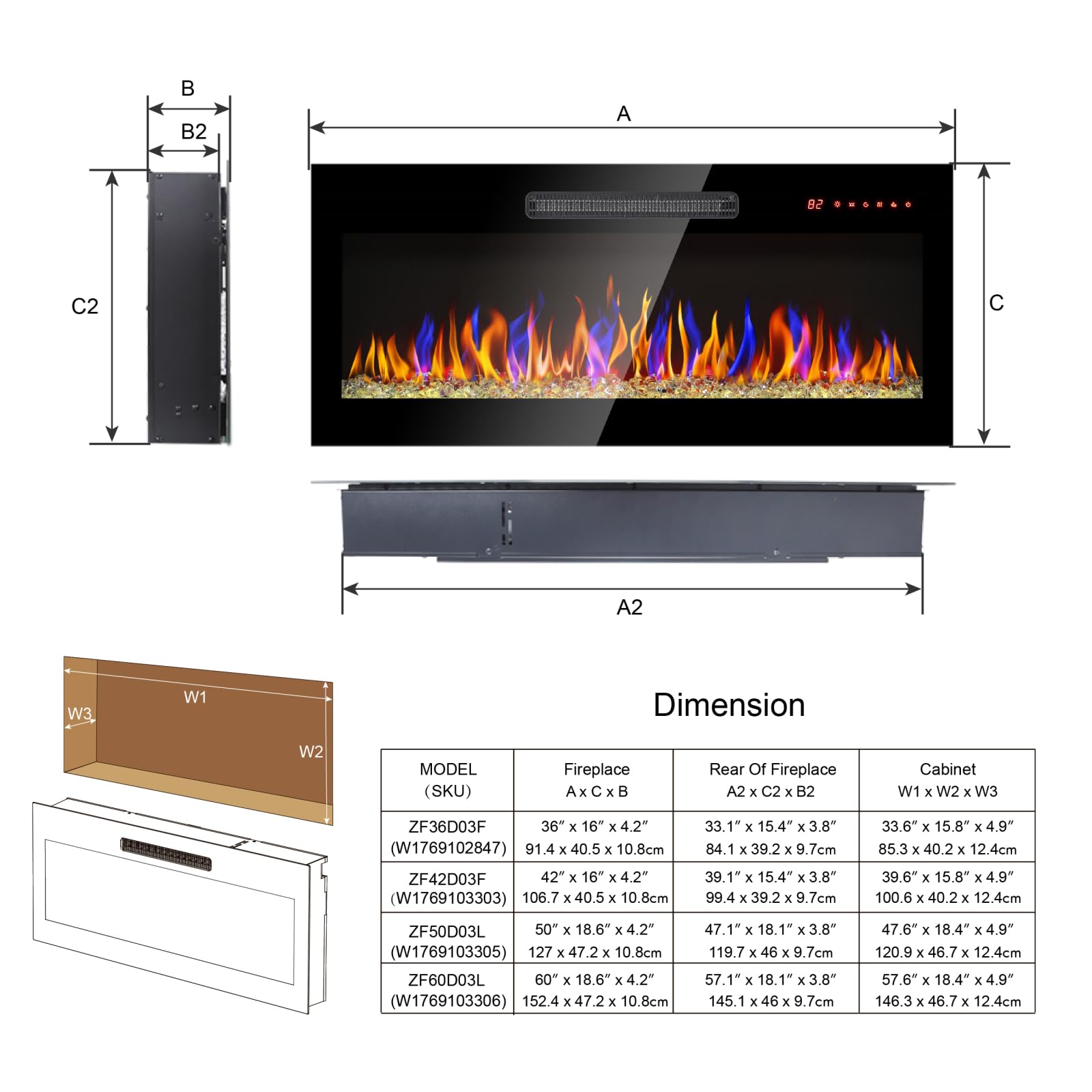 Electric Fireplace 60 Inch, Ultra Thin Wall Mounted Fireplace with 16 Colors Flame & Emberbeds, Wall Fireplace Electric with LED Light Heater and Double Safety Protection Device, Black (60 Inch)