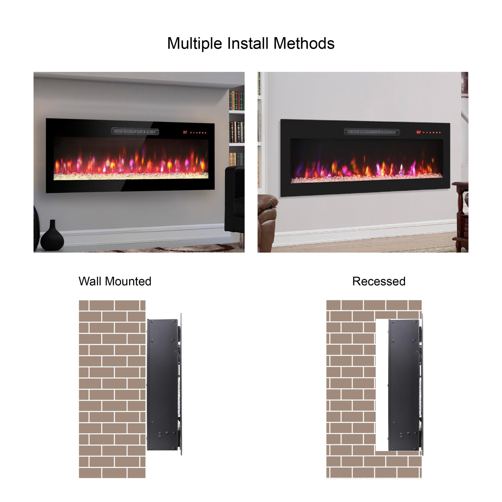 Electric Fireplace 60 Inch, Ultra Thin Wall Mounted Fireplace with 16 Colors Flame & Emberbeds, Wall Fireplace Electric with LED Light Heater and Double Safety Protection Device, Black (60 Inch)