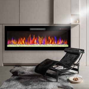 Electric Fireplace 60 Inch, Ultra Thin Wall Mounted Fireplace with 16 Colors Flame & Emberbeds, Wall Fireplace Electric with LED Light Heater and Double Safety Protection Device, Black (60 Inch)