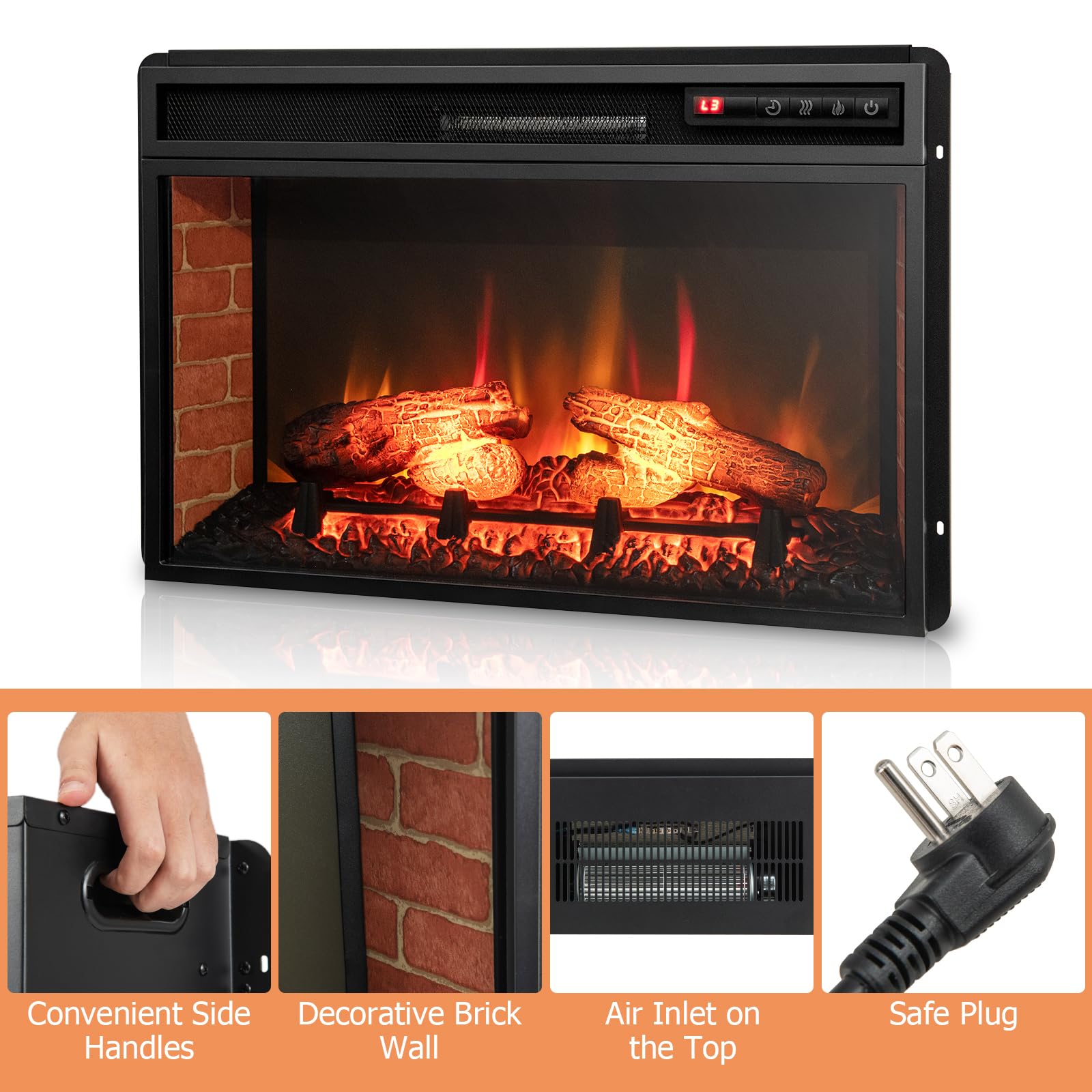 ORALNER Electric Fireplace Insert 26 Inch, Recessed Freetanding Fireplace Heater w/ 4 Adjustable Brightness Levels, Remote & 6H Timer, Overheat Protection, 1400W Fireplace Insert for TV Stand, Black