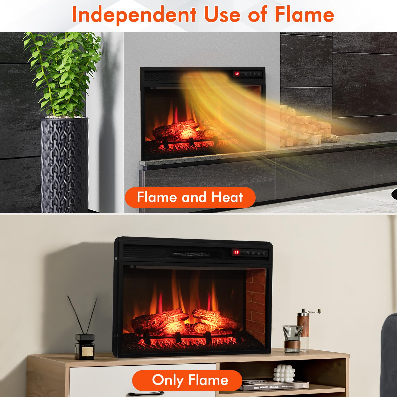 ORALNER Electric Fireplace Insert 26 Inch, Recessed Freetanding Fireplace Heater w/ 4 Adjustable Brightness Levels, Remote & 6H Timer, Overheat Protection, 1400W Fireplace Insert for TV Stand, Black