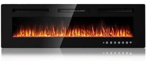 mepty 60" electric fireplace, recessed and wall mounted fireplace insert, fireplace heater and linear fireplace with remote control, timer, adjustable flame color & speed, log set & crystal, black