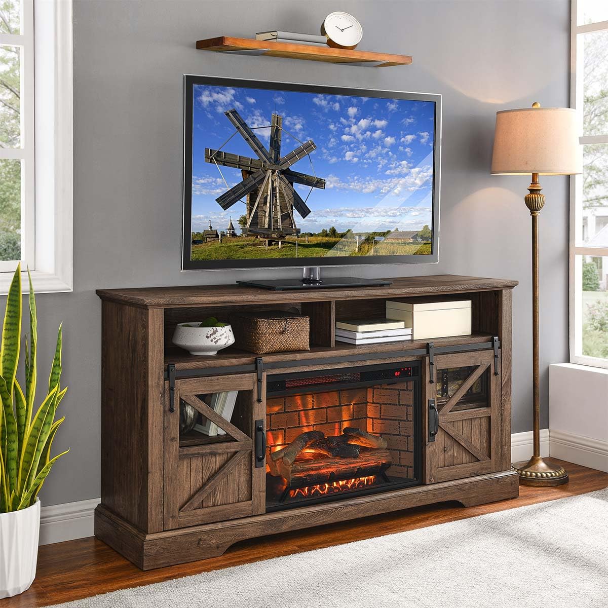 Anwick 60" Electric Fireplace TV Stand,LED Entertainment Center with Fireplace and Storage Cabinet,TV Console Table for Bedroom,Living Room Up to 70 inch,Dual Control Design (Brown)