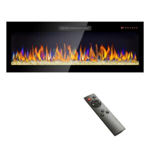 50 inches recessed ultra-thin tempered glass front wall mounted electric fireplace with remote and multi color flame & emberbed, led light heater