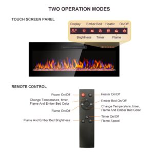 50 inches Recessed Ultra-Thin Tempered Glass Front Wall Mounted Electric Fireplace with Remote and Multi Color Flame & emberbed, LED Light Heater