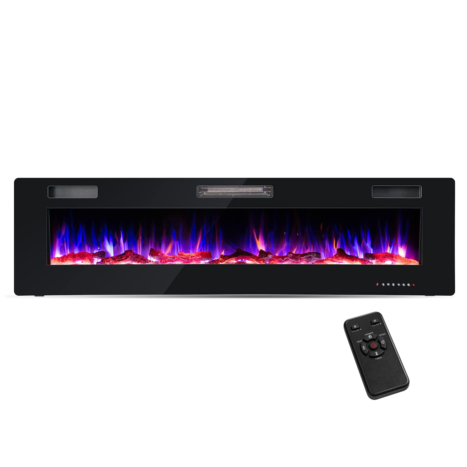 COSTWAY 68 Inches Ultra-Thin Electric Fireplace, 5100 BTU Recessed and Wall Mounted Fireplace Insert with Remote Control, Log and Decorative Crystals, Adjustable Flame Effect, ETL Certification