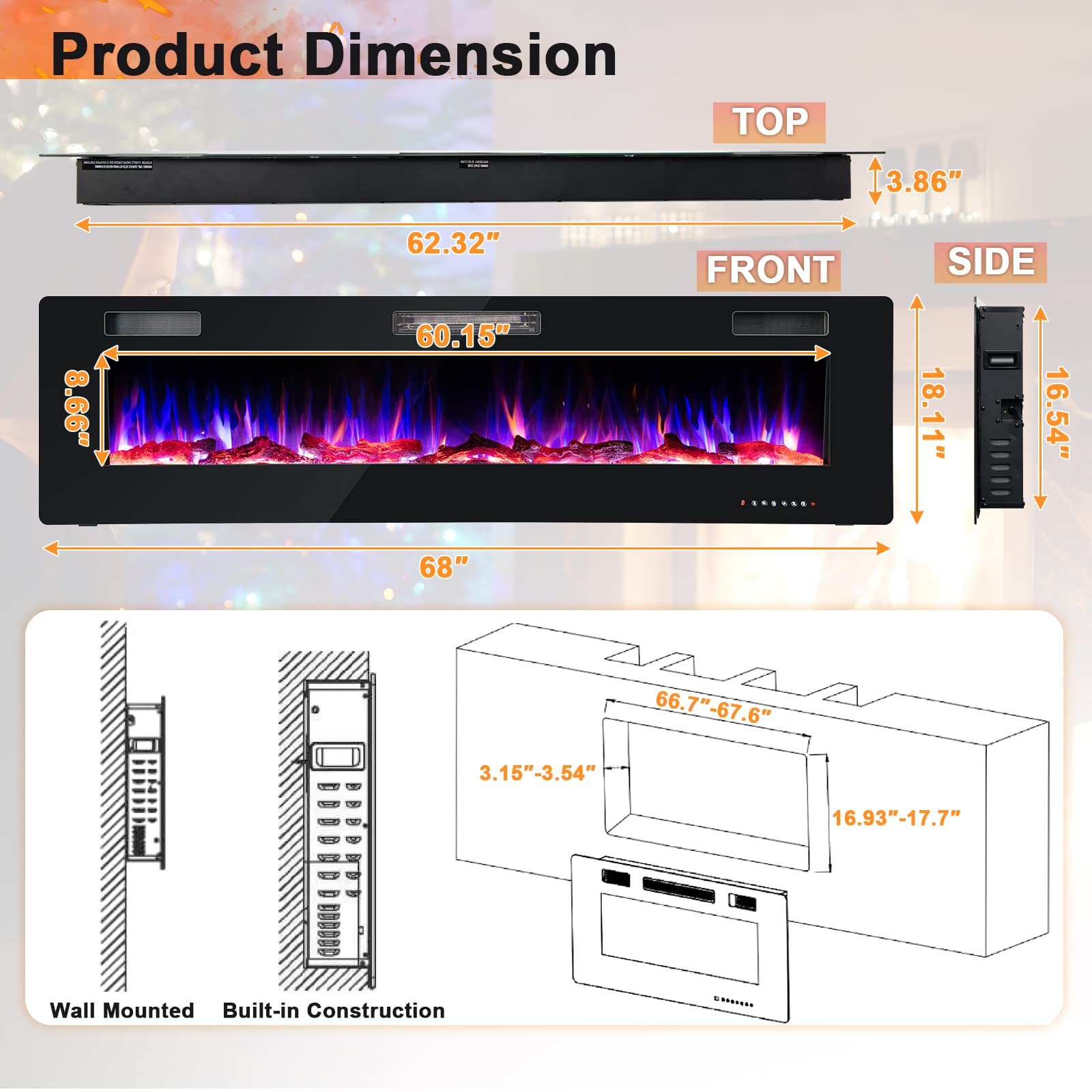 COSTWAY 68 Inches Ultra-Thin Electric Fireplace, 5100 BTU Recessed and Wall Mounted Fireplace Insert with Remote Control, Log and Decorative Crystals, Adjustable Flame Effect, ETL Certification