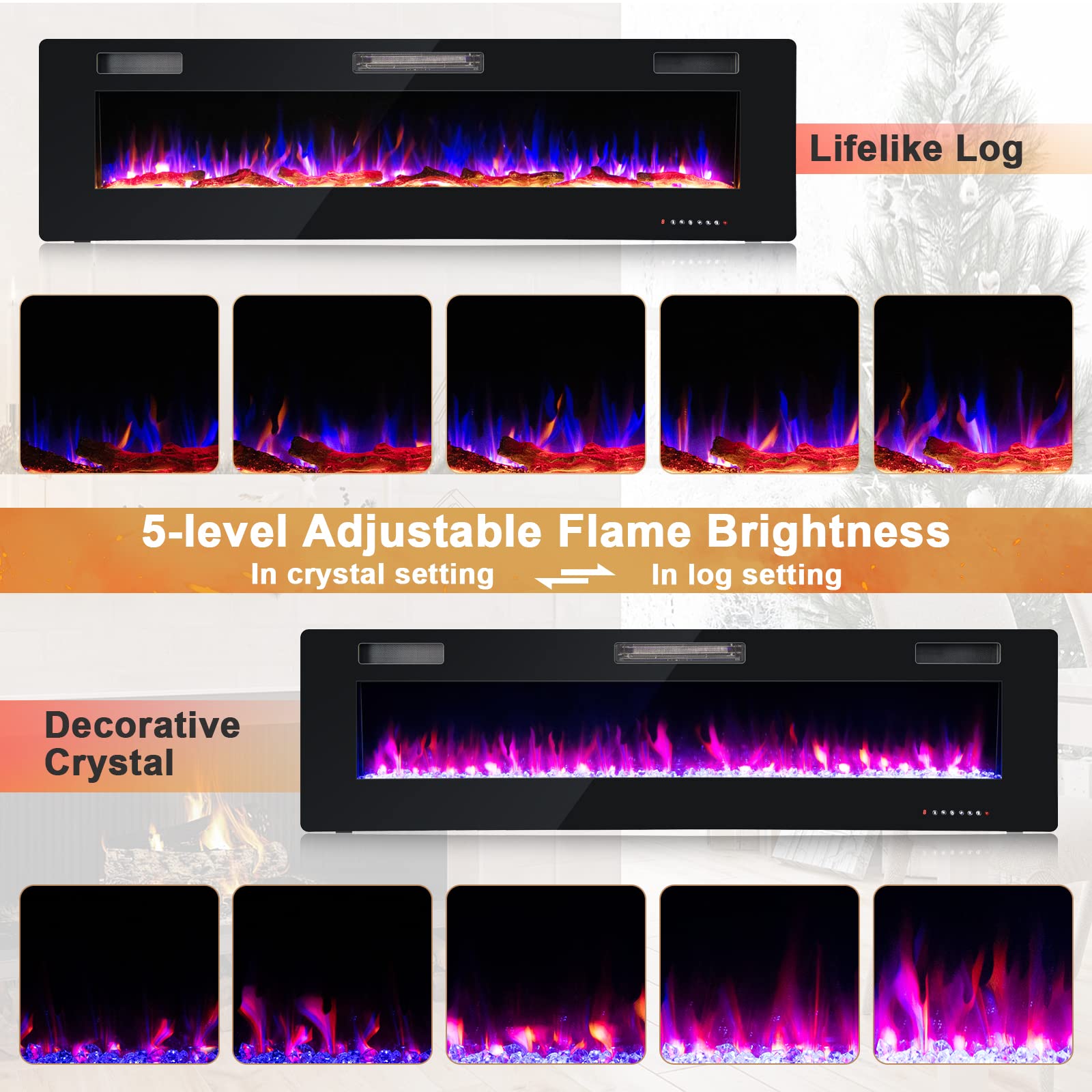 COSTWAY 68 Inches Ultra-Thin Electric Fireplace, 5100 BTU Recessed and Wall Mounted Fireplace Insert with Remote Control, Log and Decorative Crystals, Adjustable Flame Effect, ETL Certification