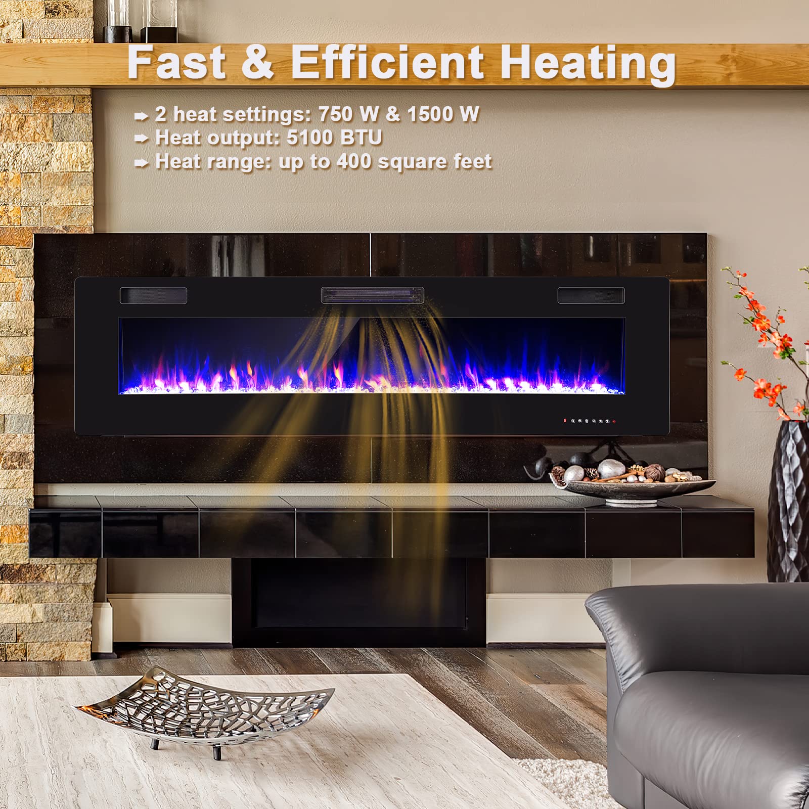 COSTWAY 68 Inches Ultra-Thin Electric Fireplace, 5100 BTU Recessed and Wall Mounted Fireplace Insert with Remote Control, Log and Decorative Crystals, Adjustable Flame Effect, ETL Certification