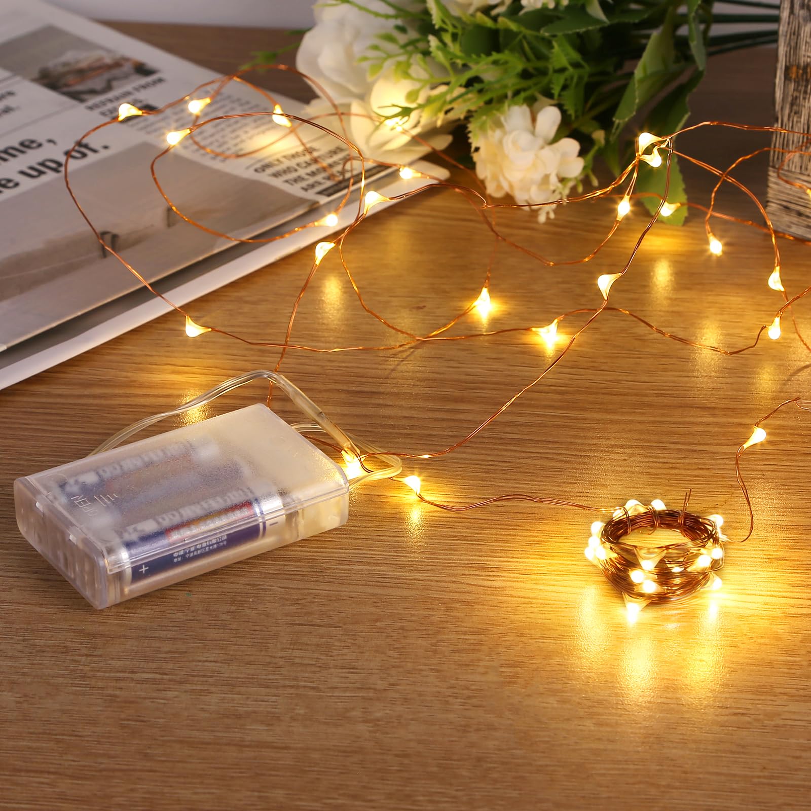 Sanniu Fairy Lights Battery Operated, 2 Packs Mini Battery Powered Copper Wire Starry String Lights for Christmas,Bedroom, Parties,Wedding,Indoor,Home Decoration (5m/16ft Warm White)