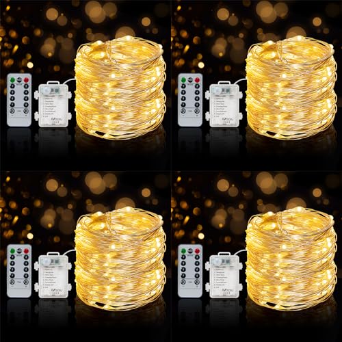 BXROIU 4 x Fairy Lights Battery Operated 8 Lighting Modes,50LEDs,16.4Ft/5 Meters Silver Wire String Lights,Timer Function,and Remote Control.for Christmas,Party,Wedding,Decorative Lighting(Warm White)