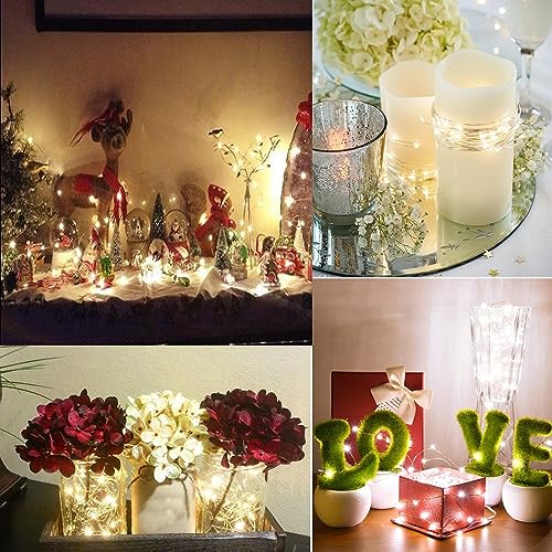 BXROIU 4 x Fairy Lights Battery Operated 8 Lighting Modes,50LEDs,16.4Ft/5 Meters Silver Wire String Lights,Timer Function,and Remote Control.for Christmas,Party,Wedding,Decorative Lighting(Warm White)