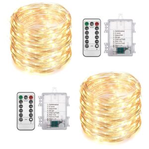 2 pack total 200 led fairy lights battery operated string lights with remote & 8 modes, 33ft waterproof copper wire battery powered twinkle lights for outdoor christmas parties decoration warm white