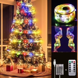 lecone christmas tree decorations, 2 pack christmas ribbon lights 40ft 120 led copper wire fairy lights with 8 modes & timer, usb or battery operated christmas lights for tree indoor (colored light)