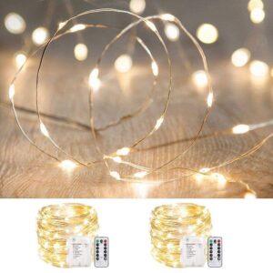 anjaylia 2 pack 33ft 100 led fairy lights battery operated, waterproof twinkle string lights, copper wire dimmable firefly lights with remote control timer, warm white