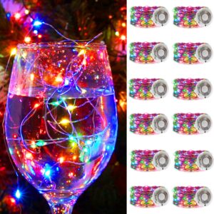 multicolor christmas twinkle fairy string lights battery operated 3 modes 20 led 12 packs 7.2ft silver wire starry firefly lights with timer for diy craft bottle table birthday party decorations