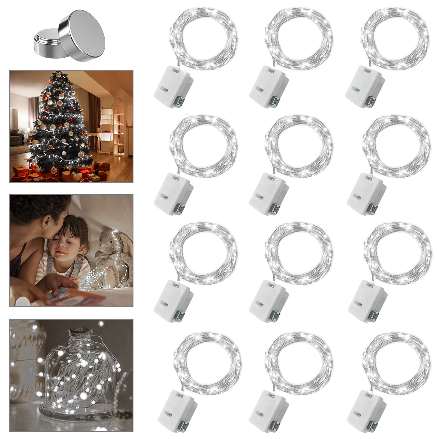 12 Pack White Fairy Lights Battery Operated, 3 Speed Modes, Extra 12 Batteries for Replacement, 7Ft 20 LED Mini String Lights, Waterproof Silver Wire, Twinkle Firefly Lights for Christmas Decorations