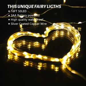 Fairy Lights Battery Operated 1 Pack 16FT 50 Led Mini Battery Powered String lights twinkle lights Mason Jar Lights Waterproof firefly lights DIY Party，Wedding，Christmas，Decoration（Warm White）