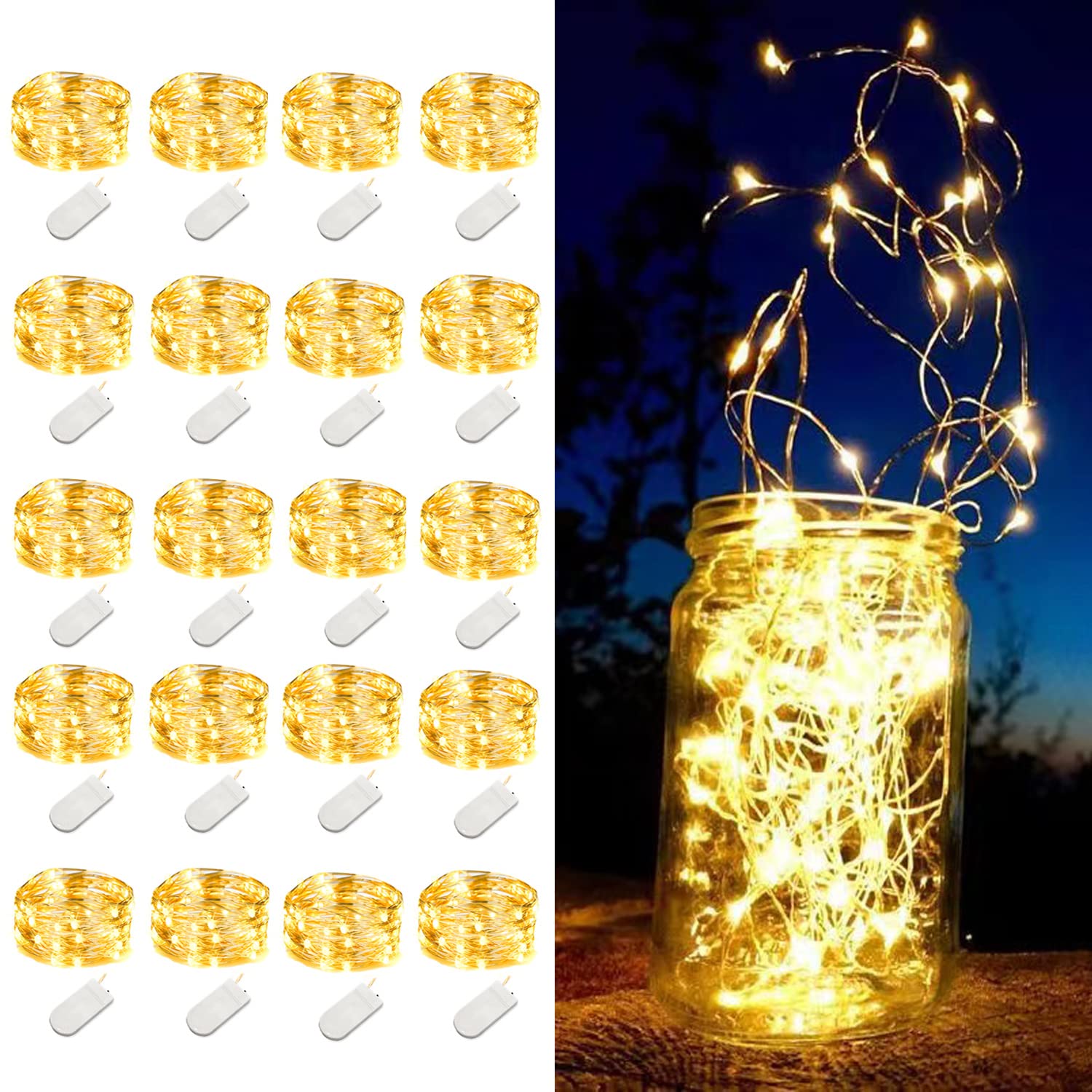 LEDIKON 20 Pack Fairy Lights Battery Operated String Lights-7.2ft 20 LED Silver Wire Warm White Firefly Mini Lights for Wedding,Party,DIY Crafts,Mason Jars,Centerpieces Table Decorations