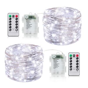 2 pack fairy lights battery operated, 20feet 60 led string lights with remote timer 8 lighting modes waterproof silver wire twinkle lights for indoor bedroom garden christmas party decor white