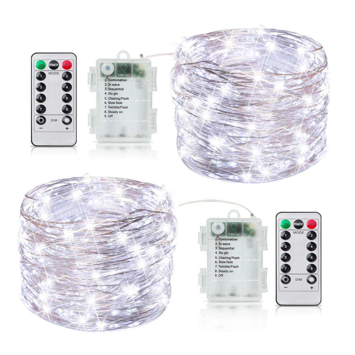 2 Pack Fairy Lights Battery Operated, 20Feet 60 LED String Lights with Remote Timer 8 Lighting Modes Waterproof Silver Wire Twinkle Lights for Indoor Bedroom Garden Christmas Party Decor White