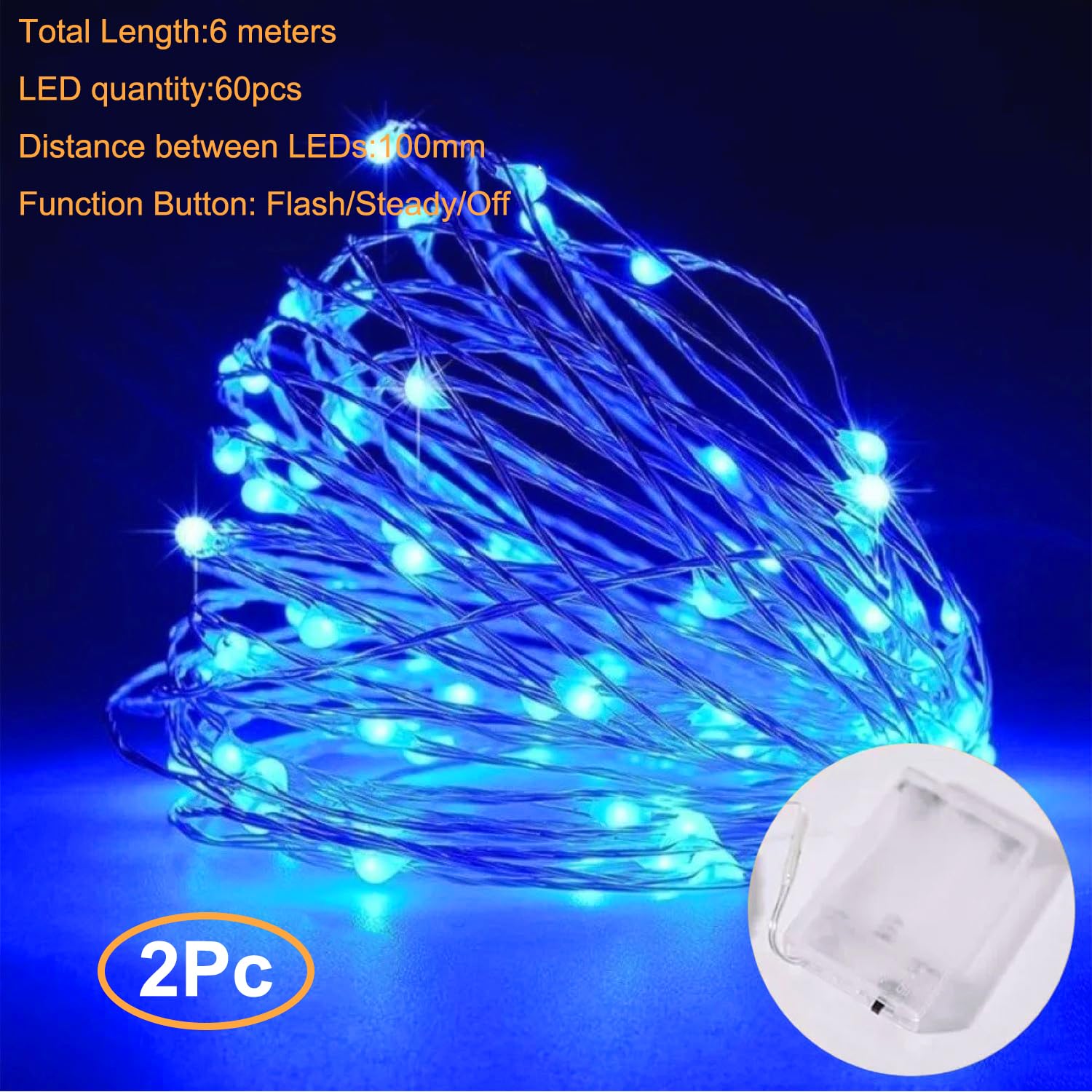 Lotenten Fairy Lights Battery Operated,2 Pack 19FT 60 Led Waterproof Mini Battery Powered String Twinkle Lights Lights for Bedroom, Christmas, Parties, DIY,Wedding,Bedroom Decoration(Blue)