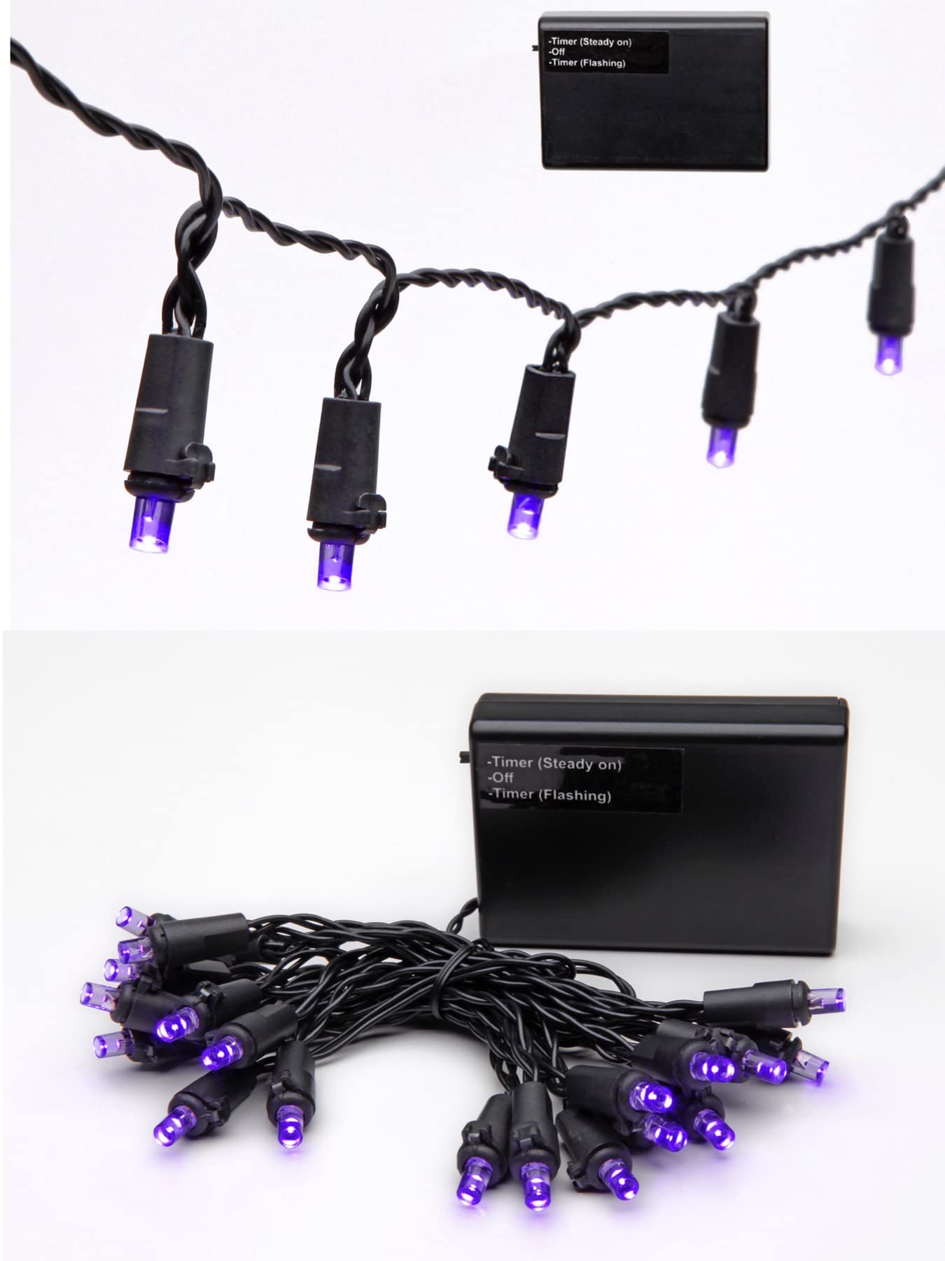 2 Packs of DecoBrite Purple 8ft (2.4m) 20 ct Battery Operated Halloween String Lights with Timer Indoor Outdoor Two Mode Functions on Black Wire for Small Spaces Wreath Room Window Decorations