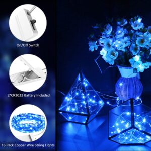 Olafus 16 Pack Cool White and Blue Fairy Lights Battery Operated, Mini Starry String Light Waterproof IP68, 7ft 20 LED Firefly Starry Light Copper Wire for Christmas Decorations Wedding Party DIY