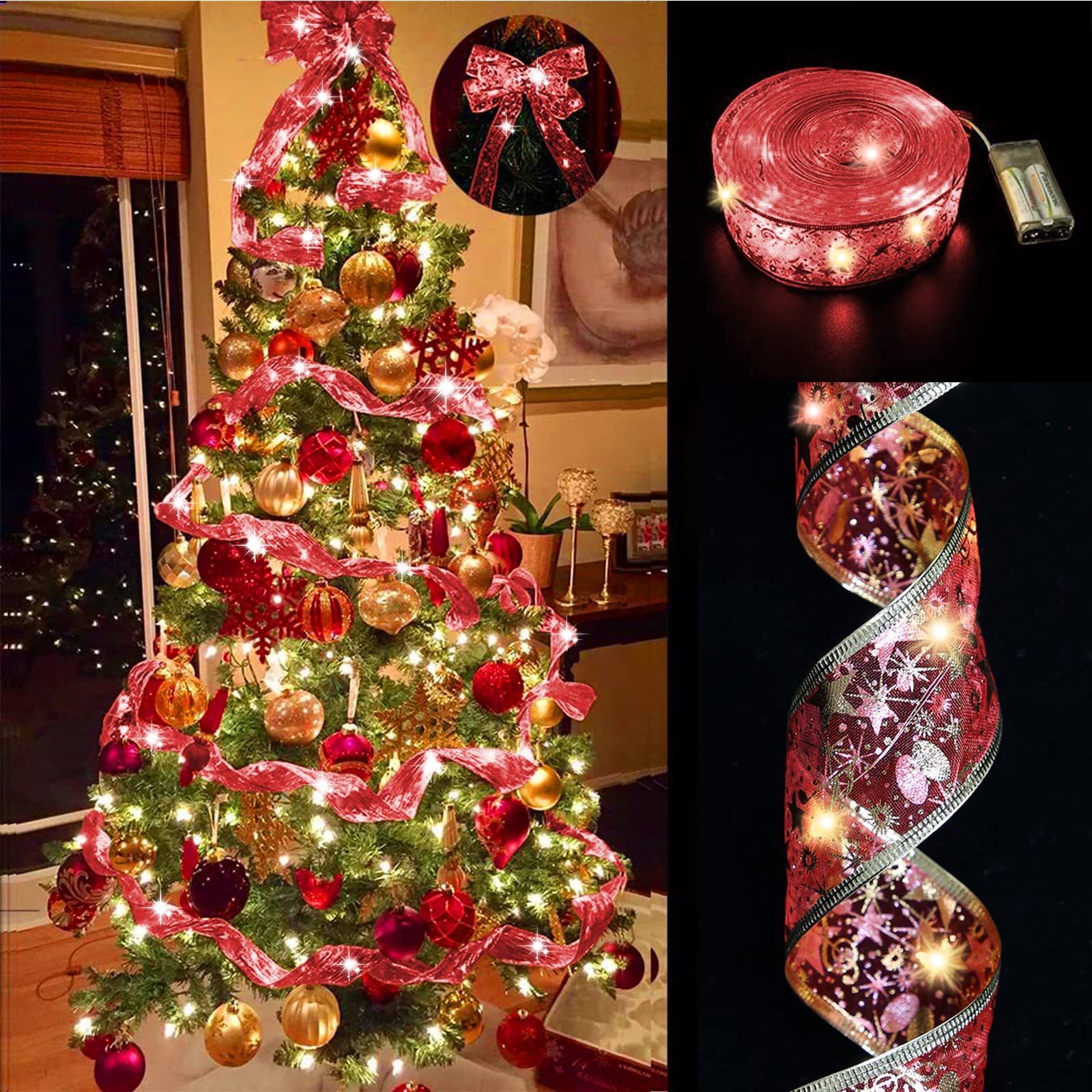 3.3ft-65.6ft Christmas Ribbon Fairy Lights - Christmas Fairy Strings Lights - Wire Ribbon Lights for Christmas Tree Home Garden Party Decor -10LED/Meter - Battery Operated (1m/3.3ft, Warm light - Red)