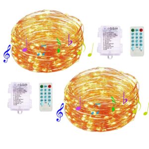 dreamworth 2 pack 12 modes sound activated music string lights, battery operated 16.4ft 50 led silver wire fairy lights with remote timer for bedroom wedding party festival(warm white)