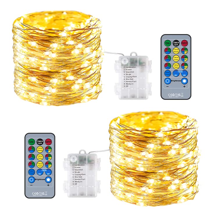 2 Pack Fairy Lights Battery Operated 39Ft 120 LED Twinkle String Lights with 8 Modes Remote Timer Waterproof Warm White Copper Wire Lights for Bedroom Patio Party Wedding Chirstmas Decor