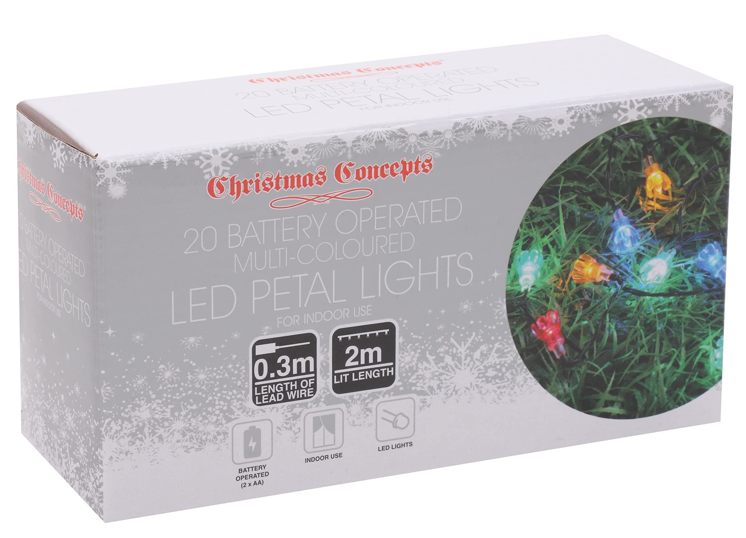 Christmas Concepts® 20 2m/6.6ft LED Retro Multi Coloured Petal String Lights – Battery Operated Static Christmas Fairy Lights with 30cm Lead Wire