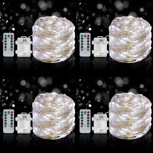 4 x Fairy Lights Battery Operated 8 Lighting Modes,50LEDs,16.4Ft/5 Meters Silver Wire String Lights,Timer Function,and Remote Control.for Christmas,Party,Wedding,Decorative Lighting(Cool White)