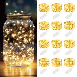 【long lasting】 12 pack fairy lights battery operated mini string lights - 3.3ft 20 led,silver wire warm white for wedding,party centerpieces,table decor,diy crafts,festivals,mason jars décor