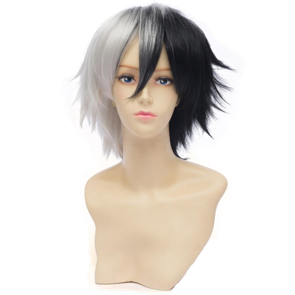 HH Building Fashionable Short Fluffy Layer Cosplay Costume Wig Black White Hair