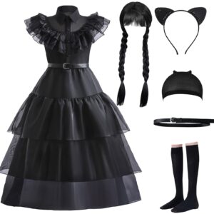 vorlits black halloween costumes dress girls cosplay christmas party with wigs belt socks cat ears headband wig cap