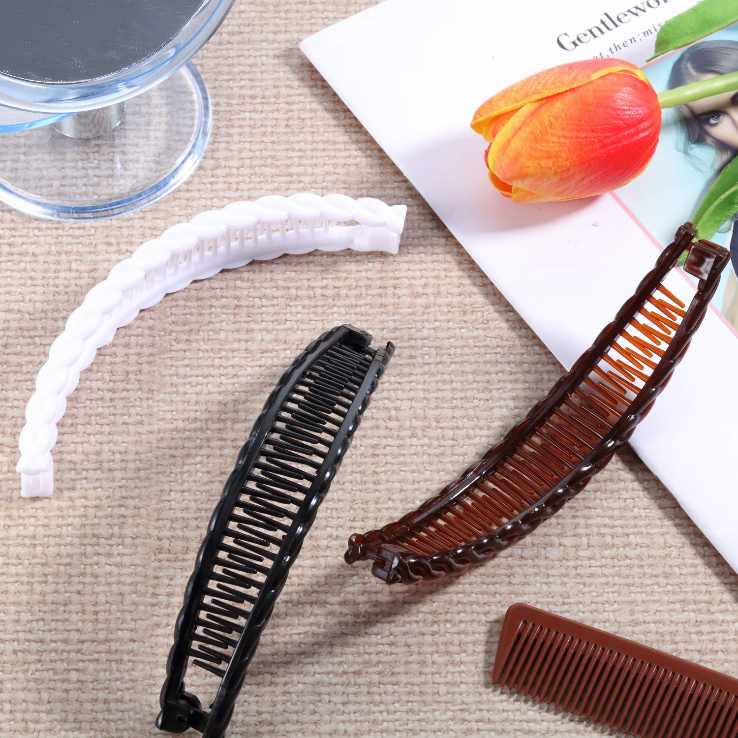 6 Pieces Banana Hair Clip Clincher Combs Clip Fishtail Fish Shape Hair Clip Ponytail Banana Clip Clamp Accessory for Girls Women Hair (Black, White, Brown)