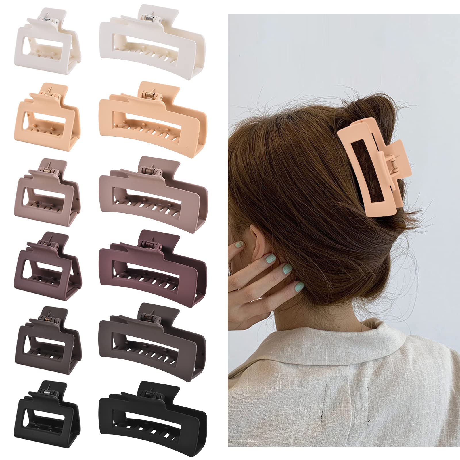 12 Pcs Rectangle Clips, Accessories for Women and Girls, Including 6 Pcs 4 Inch Large Clips for Thick Hair and 6 Pcs 2 inch Small Clips for Thin Hair (Neutral)