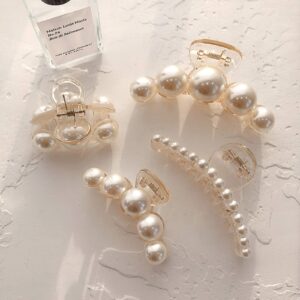 agirlvct pearl hair clips for women, 4 size large meduim small hair claw strong hold,big banana jaw clip barrettes nonslip, fancy hair accessories for thick thin fine hair birthday girl gift