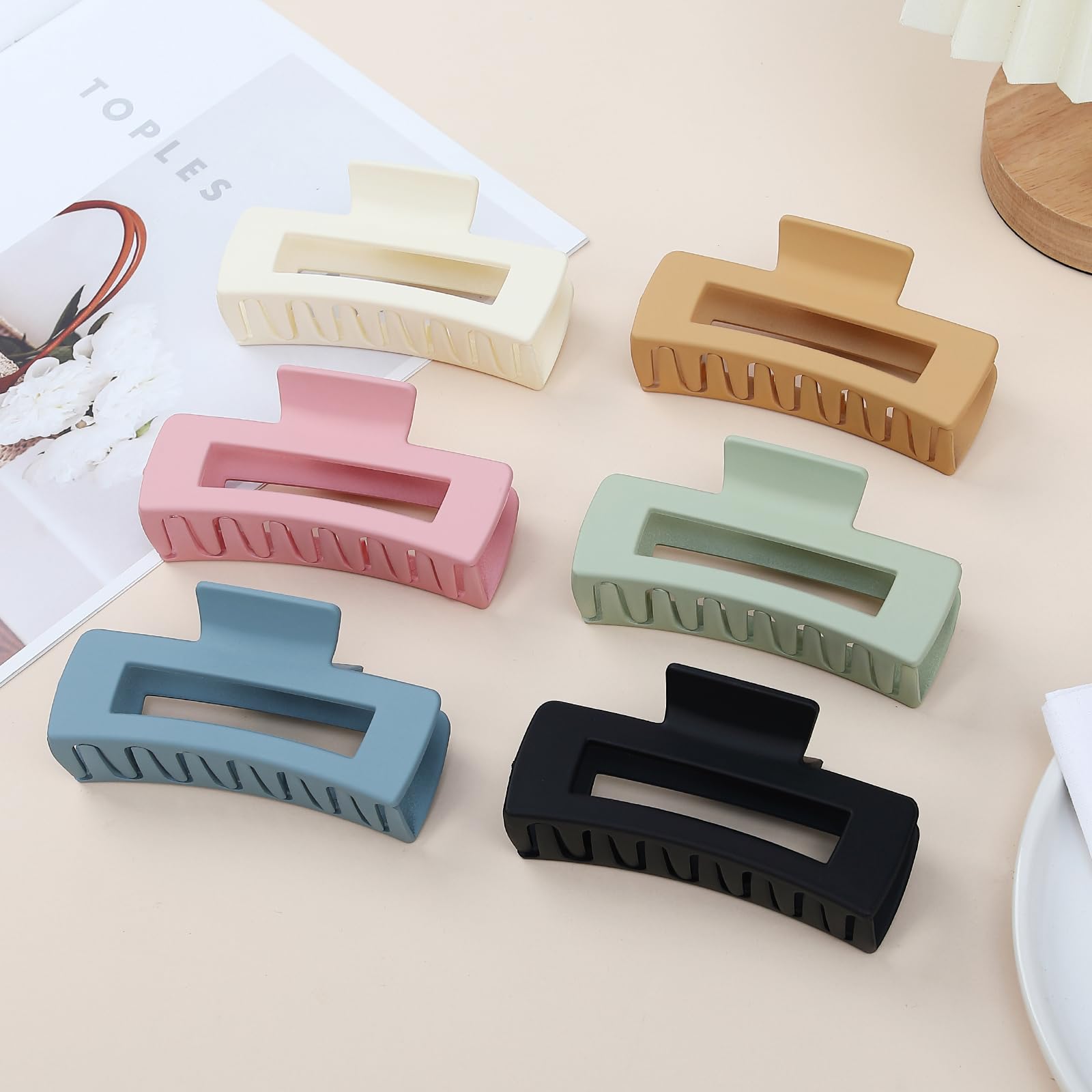 Sisiaipu 4 Inch Big Hair Claw Clips 6 Pcs Large Claw Clips for Thick Hair Square Hair Clips for Women Rectangle Hair Clips Nonslip Acrylic Banana Jaw Clips Hair Accessories for Girls -Light