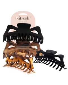 kitsch recycled plastic large claw clip - jumbo bow hair clips for women | big claw clips & jaw clips | ideal for thick hair | trendy claw hair clips in large - 2pc set, tortoise & black