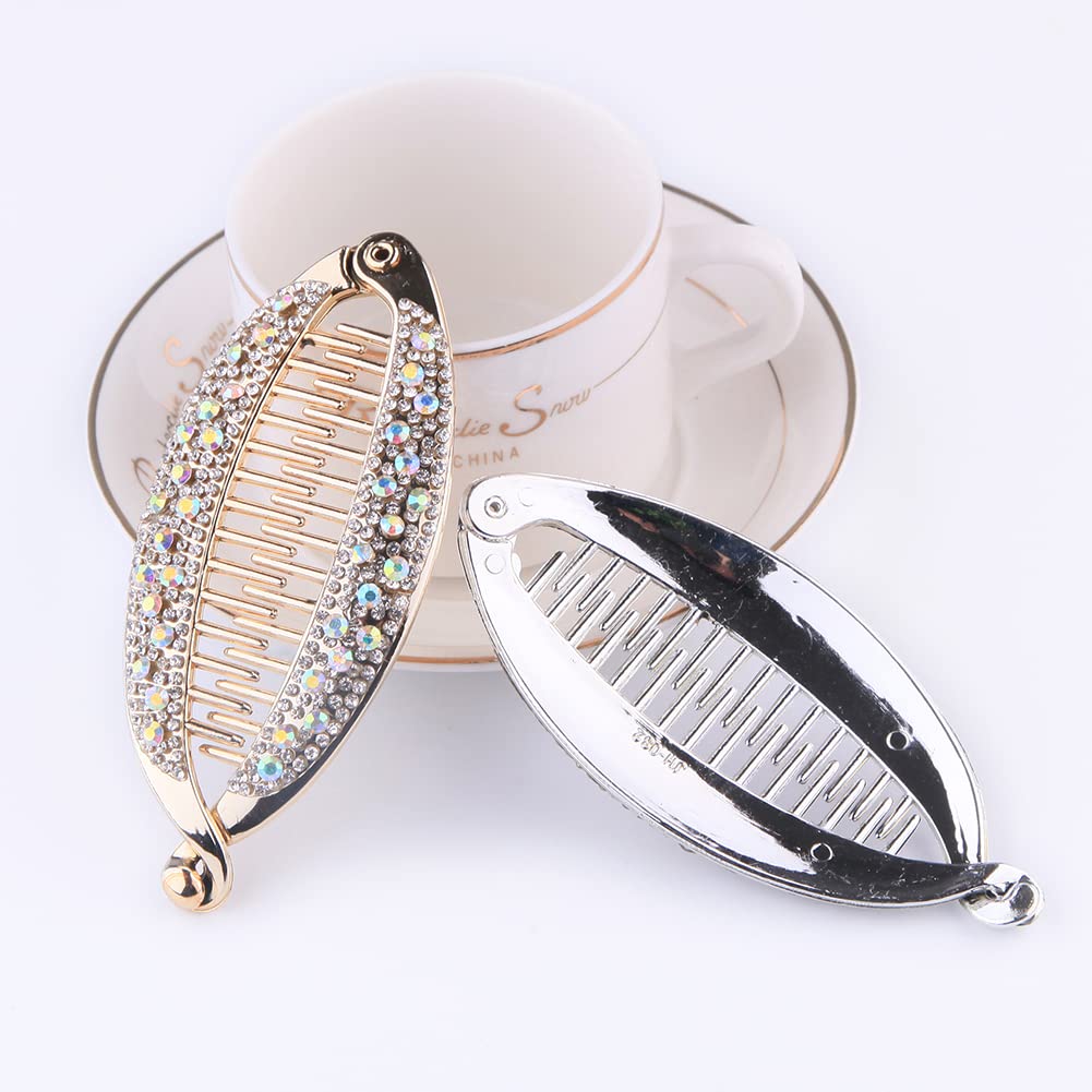 4 Pcs Faux Crystal Banana Hair Clip Banana Ponytail Holder Clip Rhinestone Banana Hair Barrettes Clincher Banana Combs for Women Grils