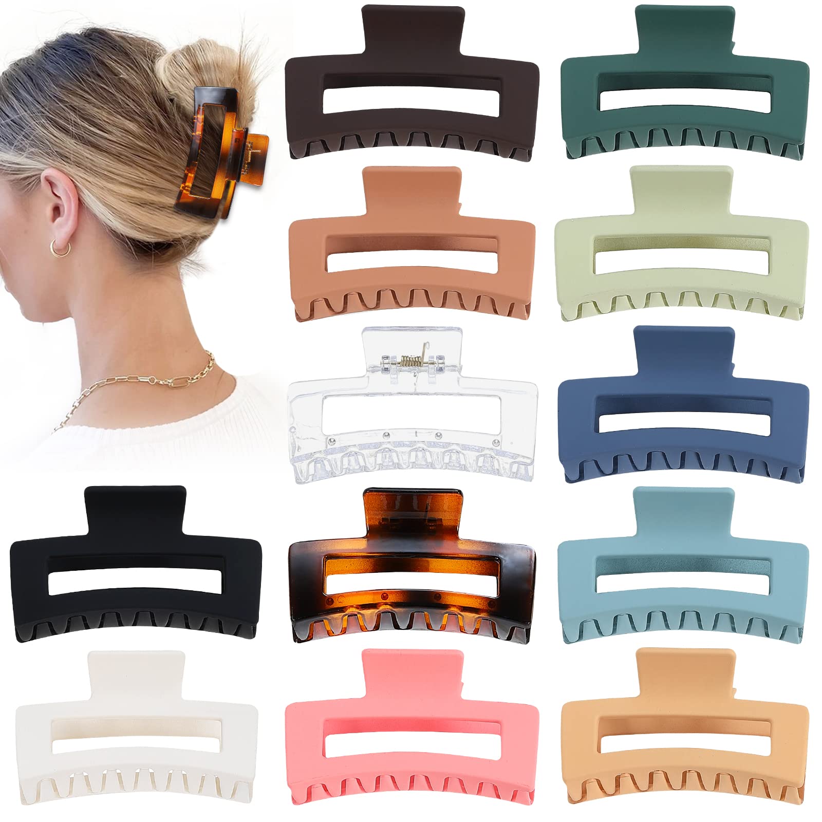 Sisiaipu 3.5 Inch Medium Hair Claw Clips 12 Pcs Square Claw Clips for Thick and Thin Hair Rectangular Rectangle Hair Clips Jaw Clips Bulk Hair Accessories for women and Girls - Basic