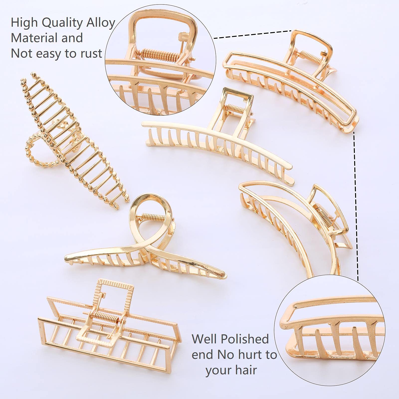 LUKACY 6 Pack Large Metal Hair Claw Clips - 4 Inch Big gold hair clips,Perfect Jaw hair clamps for Women and Thinner,Thick hair styling,Strong Hold Hair,Fashion Hair Accessories (Style 1)